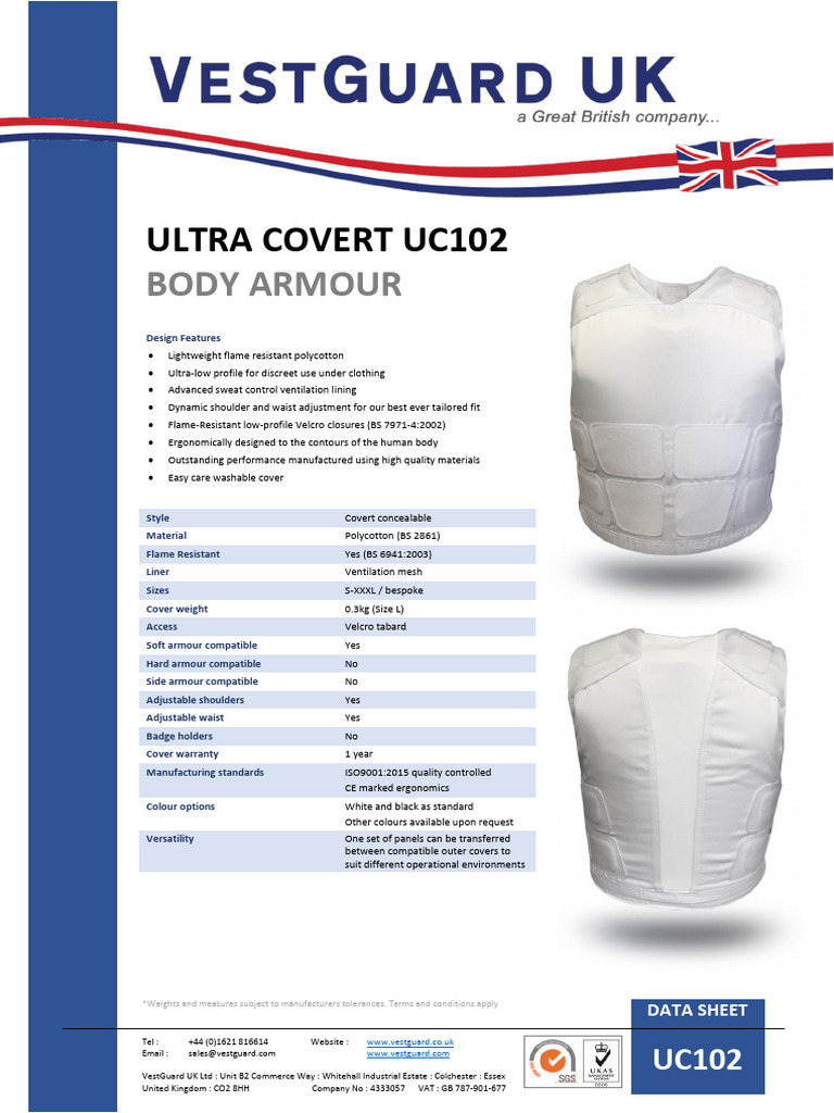 Data Sheet - UC102 Ultra Covert Body Armour | PDF
