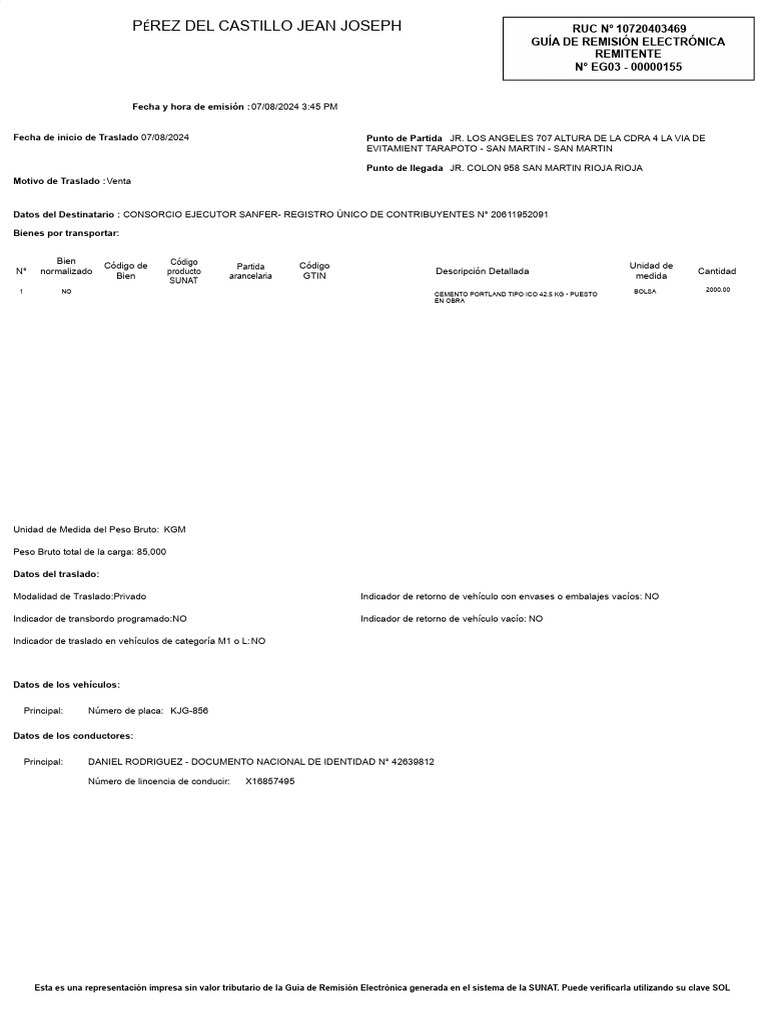 Guia de Remision Electronica Eg03-00000155 | PDF