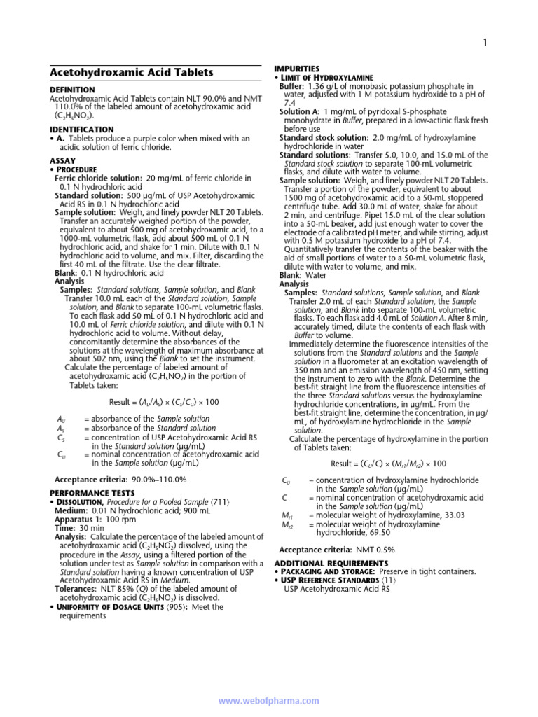 Acetohydroxamic Acid Tablets | PDF