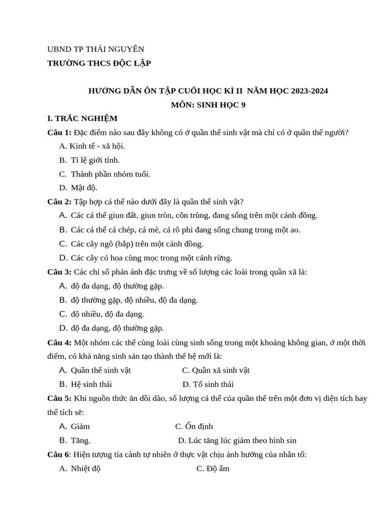 Huong Dan On Tap HK II - Sinh 9 996fc | PDF