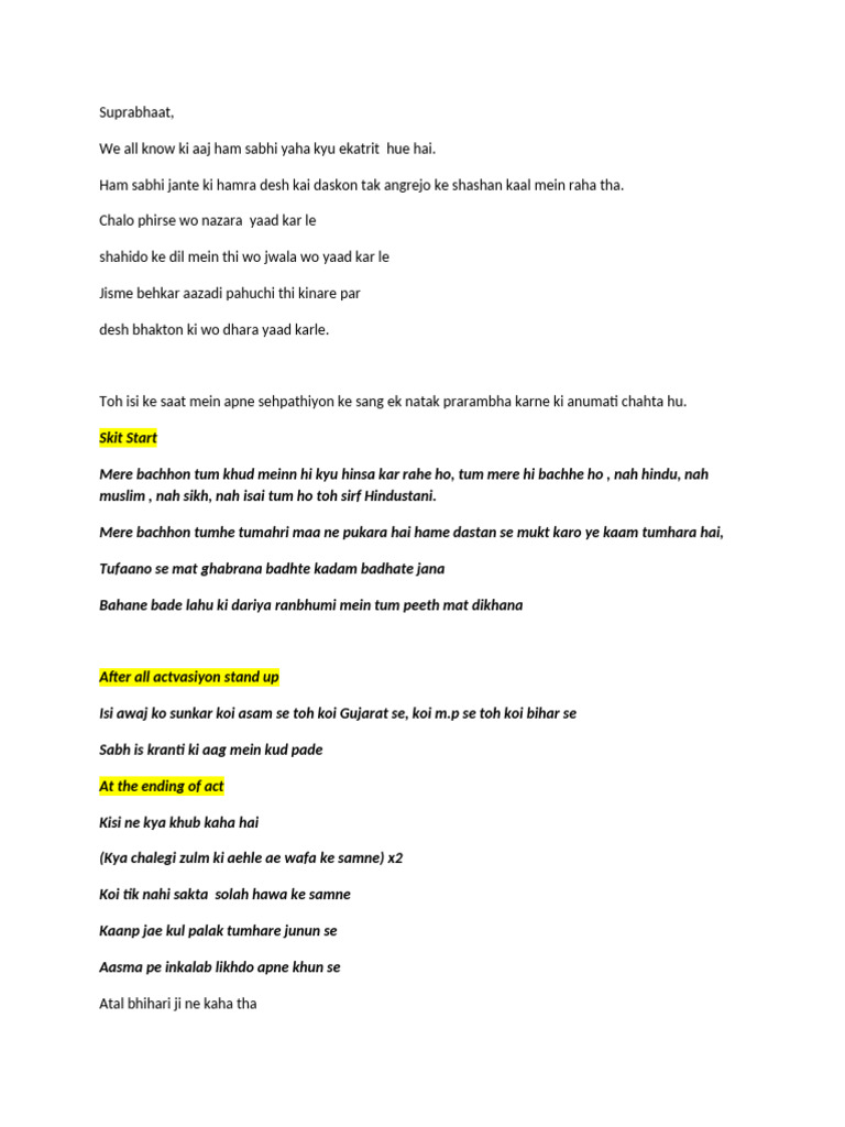 Independence Day Skit Script by 11 Comm. | PDF