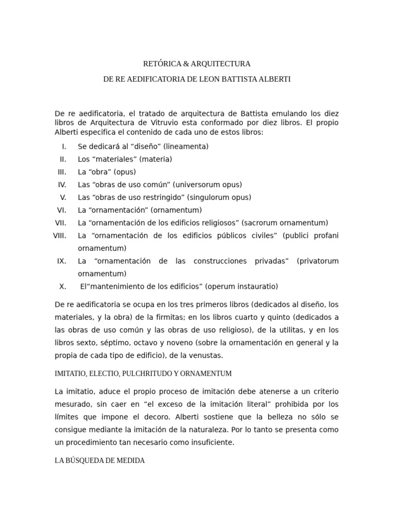 RESUMEN de Re Aedificatoria, El Tratado de Arquitectura de Battista | PDF