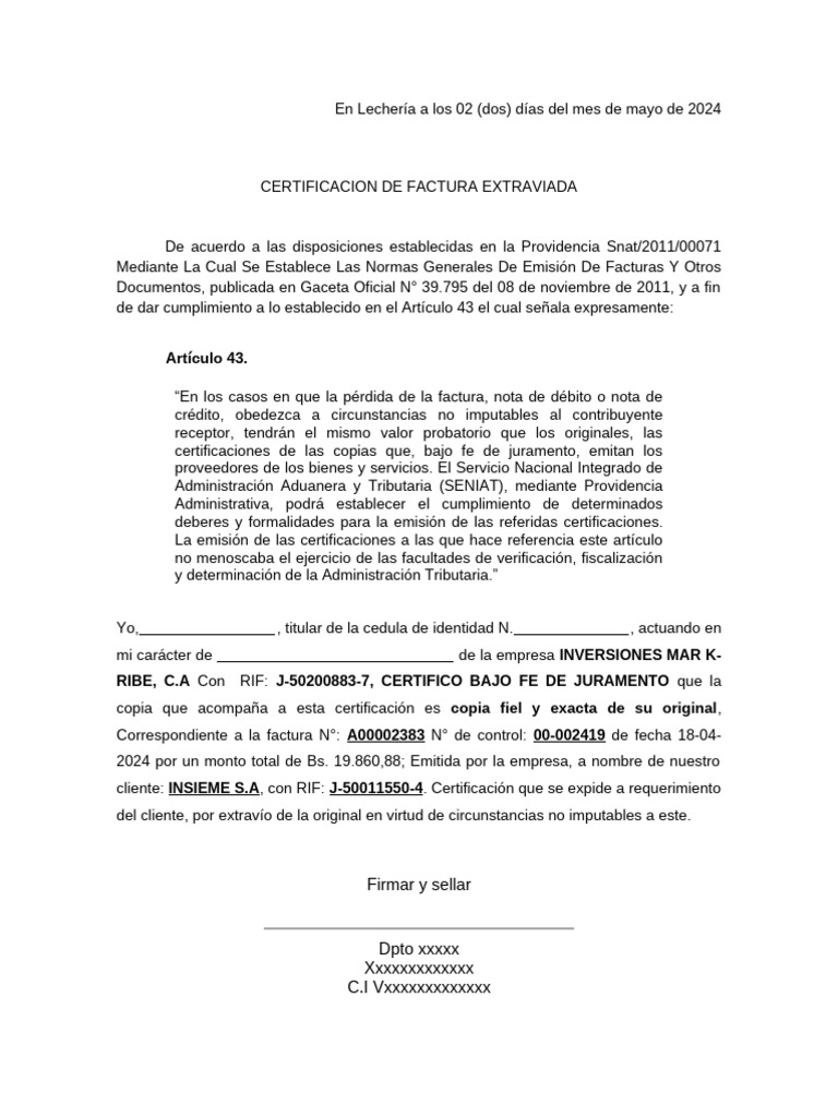 Carta Certificacion de Factura | PDF