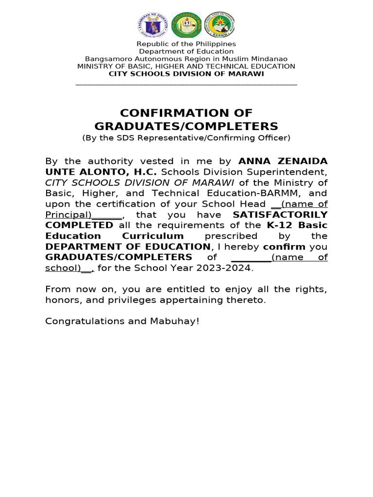 Confirmation of Graduates | PDF