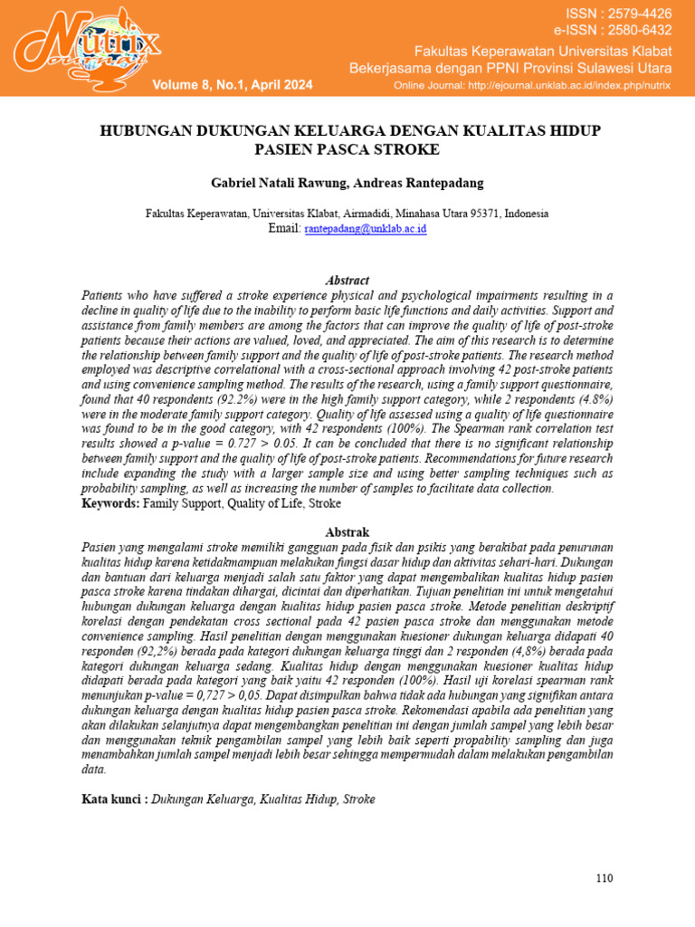 Hubungan Dukungan Keluarga Dengan Kualitas Hidup Pasien Pasca Stroke | PDF