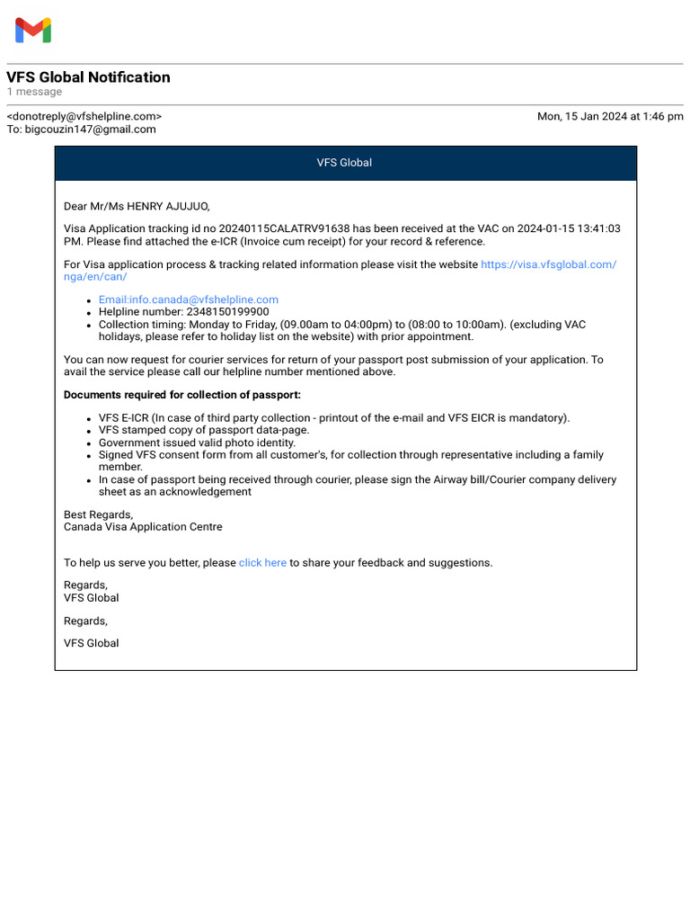 Gmail - VFS Global Notification | PDF