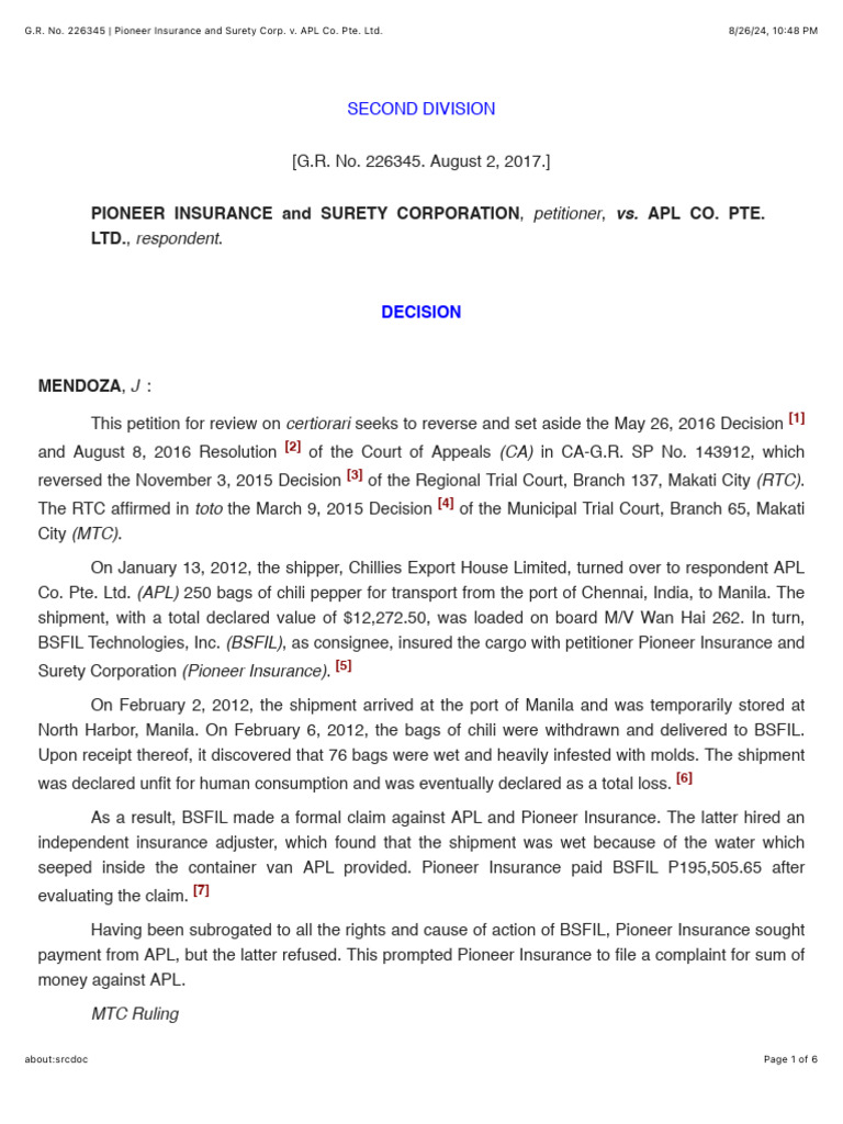 G.R. No. 226345 - Pioneer Insurance and Surety Corp. v. APL Co. Pte ...