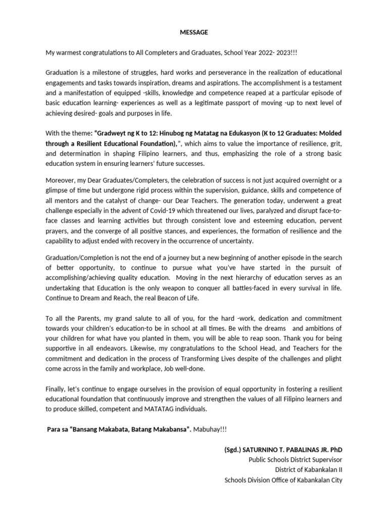 Graduation Message Doc Pabs | PDF