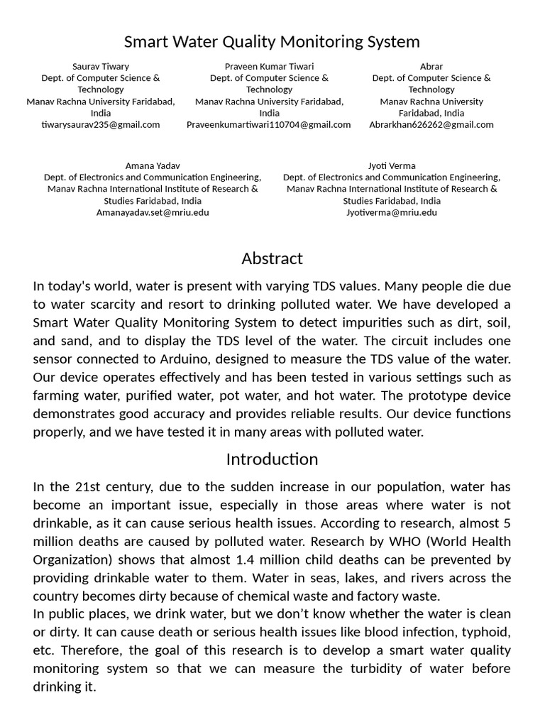 Smart Water Monitoring System Research Paper | PDF
