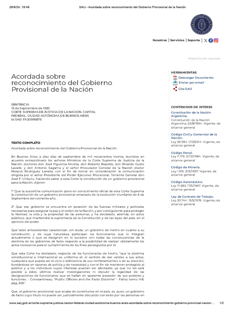 SAIJ - Acordada Sobre Reconocimiento Del Gobierno Provisional de La Naci - N | PDF
