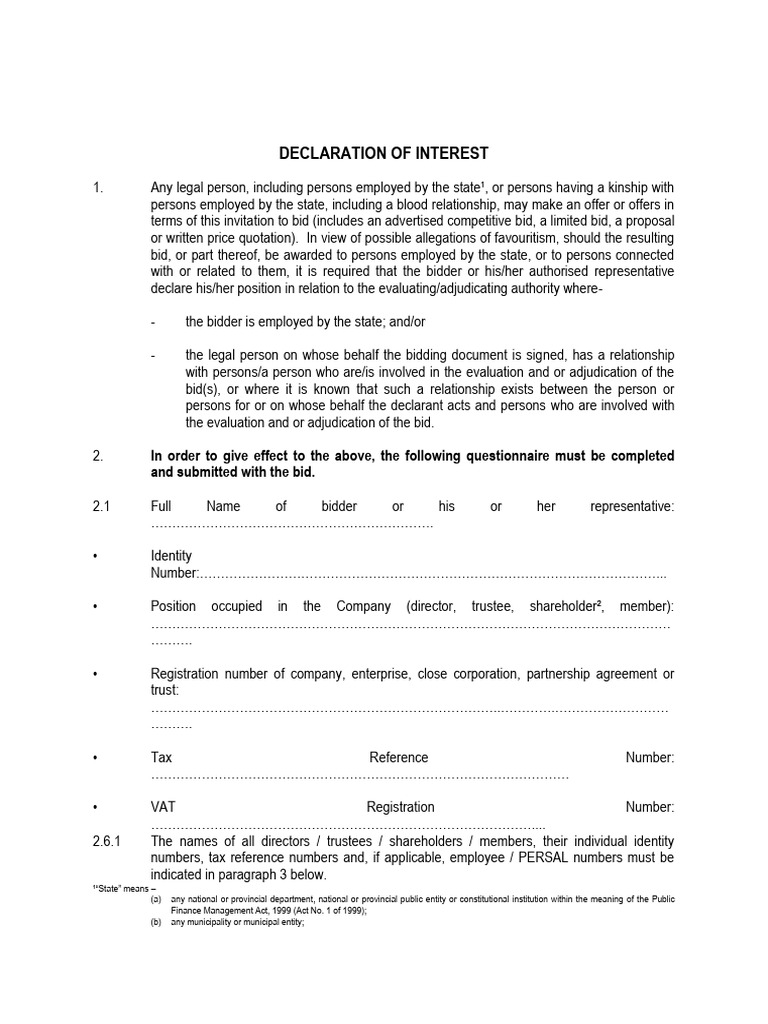 SBD Declaration of Interest Form | PDF | Government | Private Law