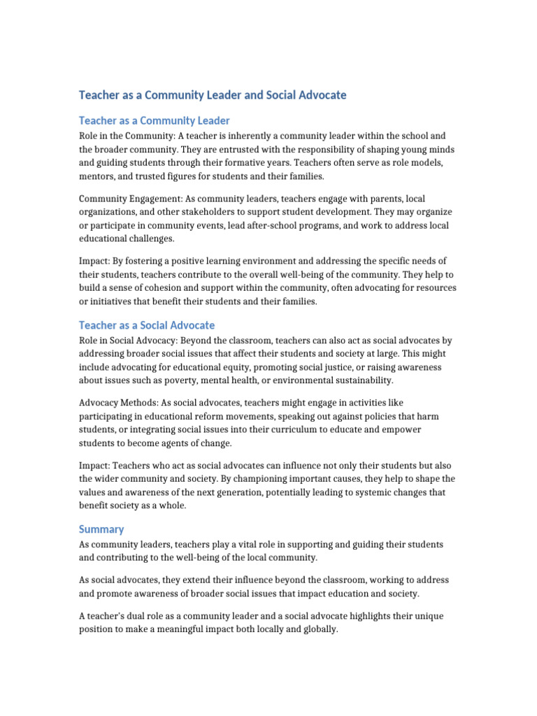 Teacher as Community Leader and Advocate | PDF | Teachers | Career & Growth