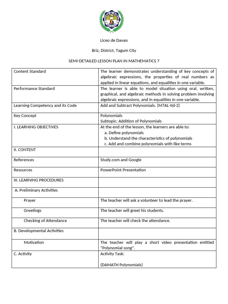 LESSON PLAN 9.1 Polynomials (Addition) | PDF