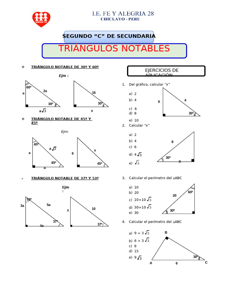 FICHA DE TRIANGULOS NOTABLES - 2do SEC | PDF