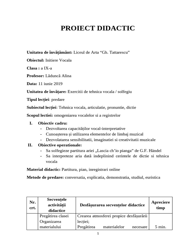 Proiect Didactic Initiere Vocala Clasa A Ixa | PDF