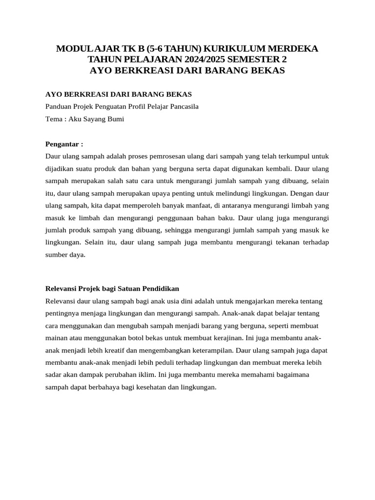 Modul Ajar P5 TK B Smt2 Kreasi Dari Barang Bekas | PDF