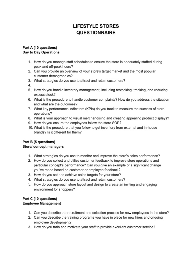 Store Questionnaire-Lifestyle | PDF
