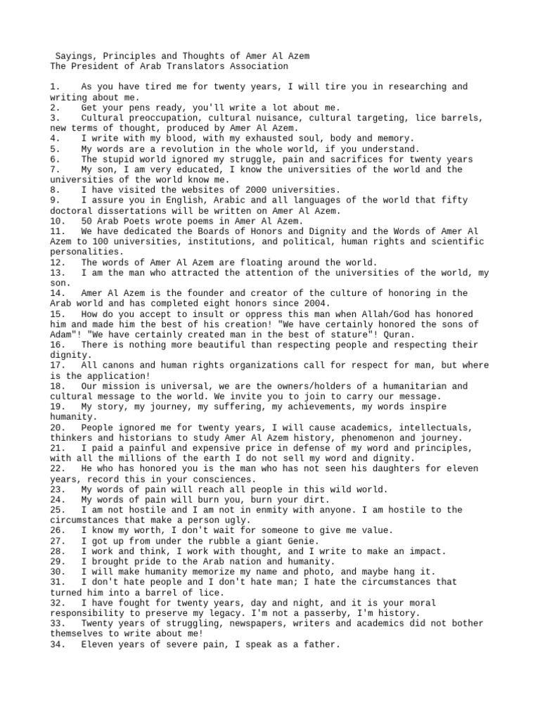 Sayings, Principles and Thoughts of Amer Al Azem | PDF