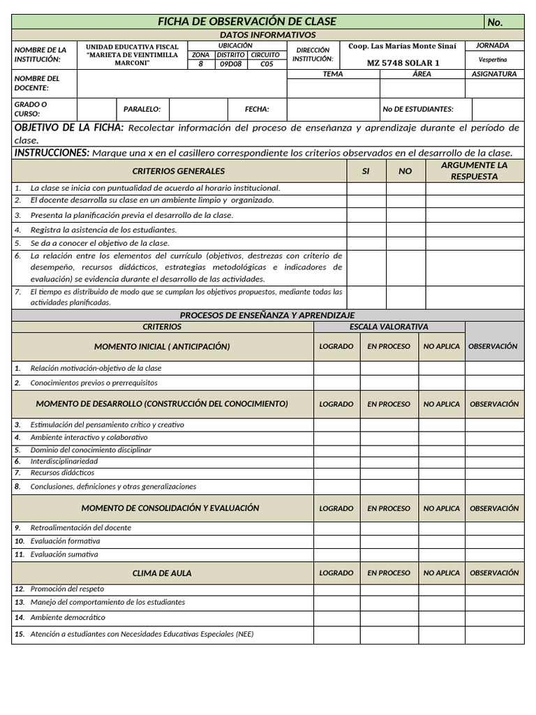 Ficha visita aulica y rubrica | PDF