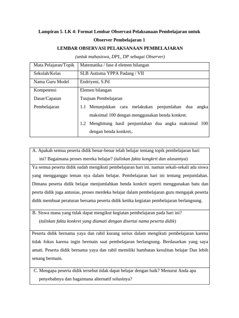 01.05.6-B4-5 Unggah LK 4 - Lembar Observasi Pembelajaran Observer - Siklus 1 | PDF