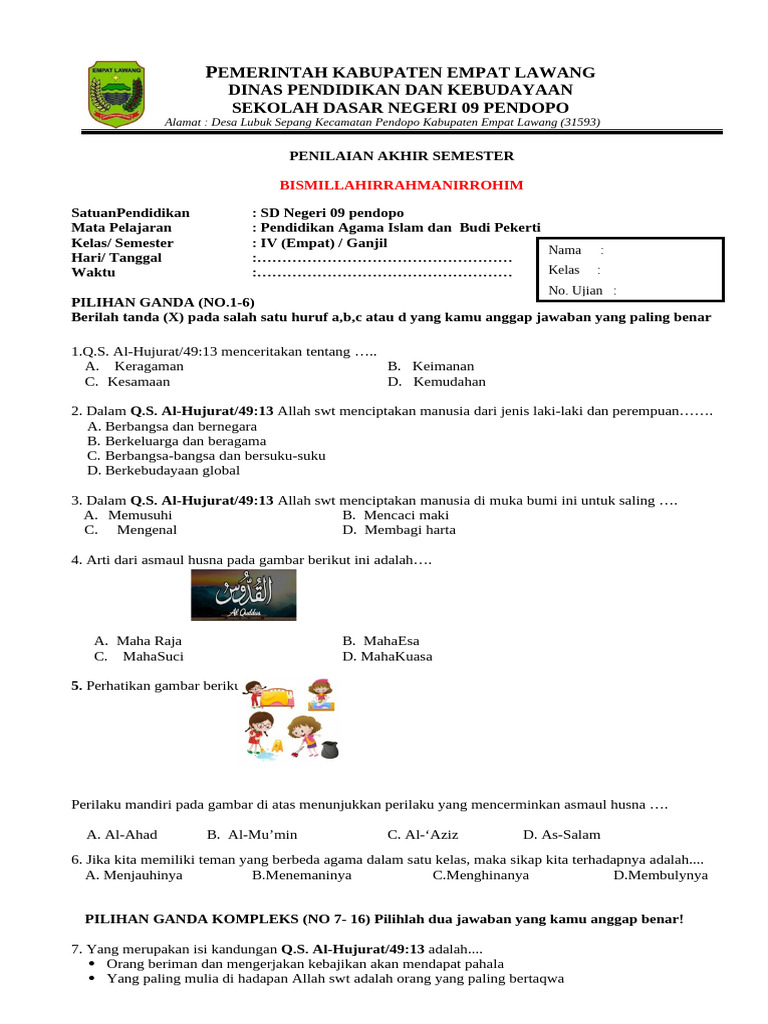 Soal Pas Pai KLS 4 Semester 1 2023-2024-1 | PDF