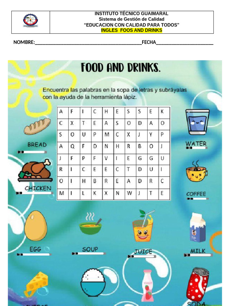 SOPA DE LETRA COMIDAS Y BEBIDAS | PDF