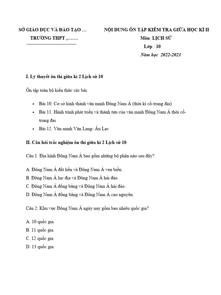 De Cuong On Tap Giua Hoc Ki 2 Mon Lich Su 10 Canh Dieu | PDF