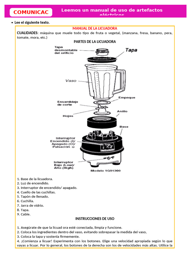 L. 19-08-24. D3 A2 FICHA COM. Leemos Un Manual de Uso de Artefactos ...