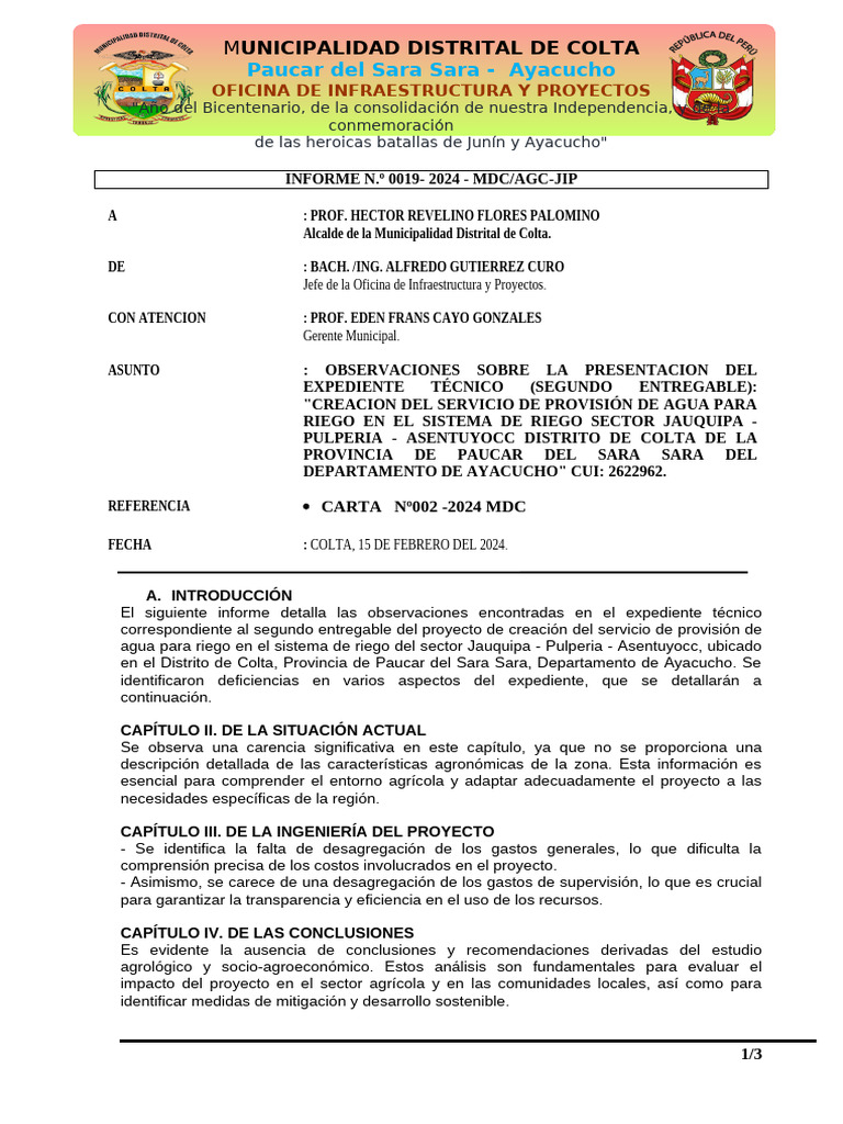 Informe - N 019 - Segundo Entregable de Juquipa (Obs) | PDF
