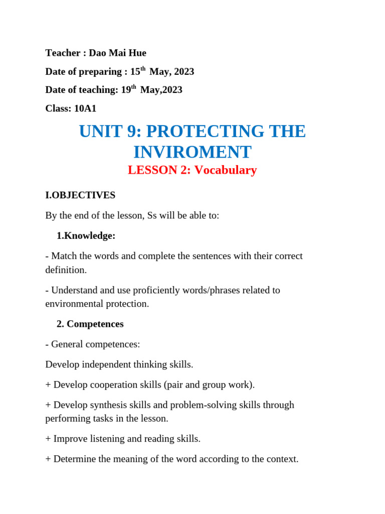 Global Success UNIT 9 PROTECTING THE INVIROMENT VOCABULARY | PDF