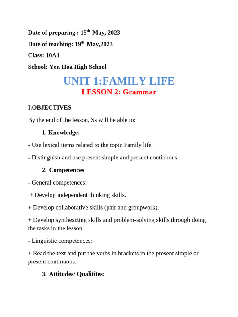 Global Success Unit 1 Family Life Grammar | PDF
