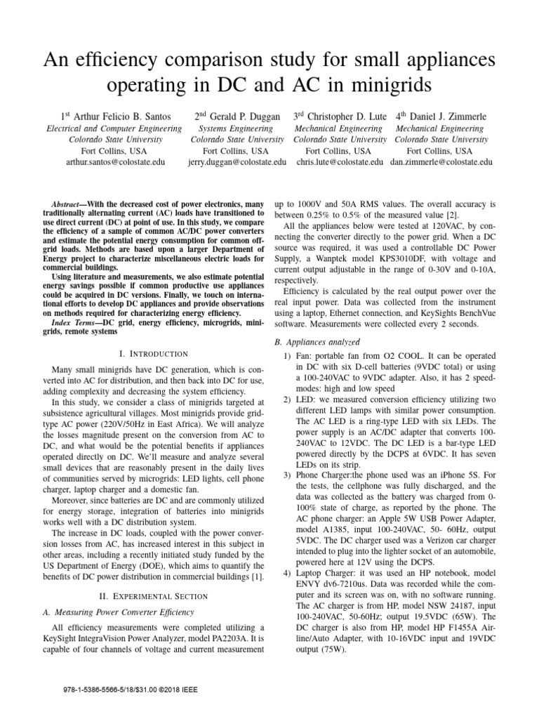 An Efficiency Comparison Study For Small Appliances Operating in DC and AC in Minigrids | PDF