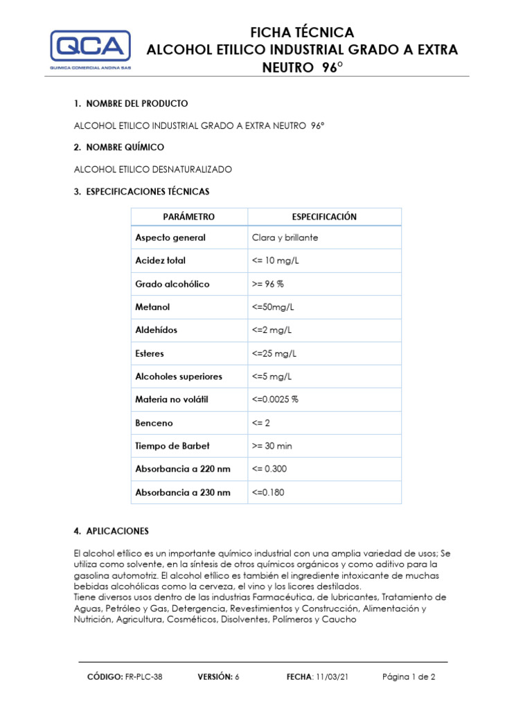 Ft. Alcohol Etilico Industrial Grado A Extra Neutro 96° | PDF