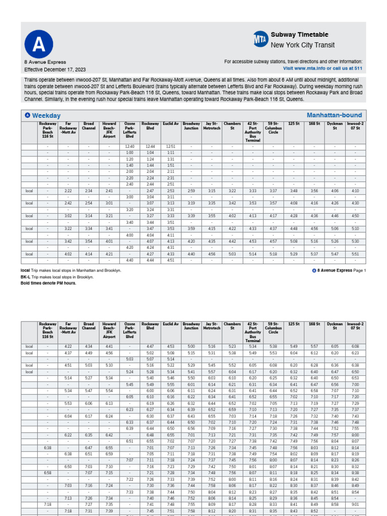 MTA A Subway Timetable 20231217 | PDF | Transport | New York City