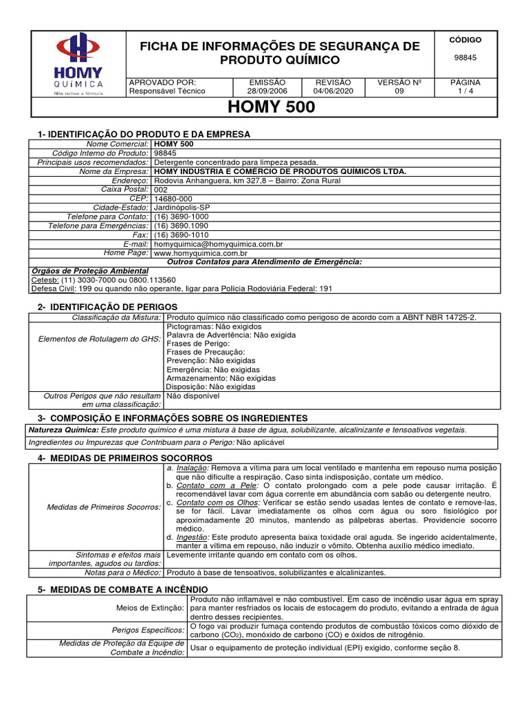 FISPQ - HOMMY INDUSTRIA homy 500 | PDF