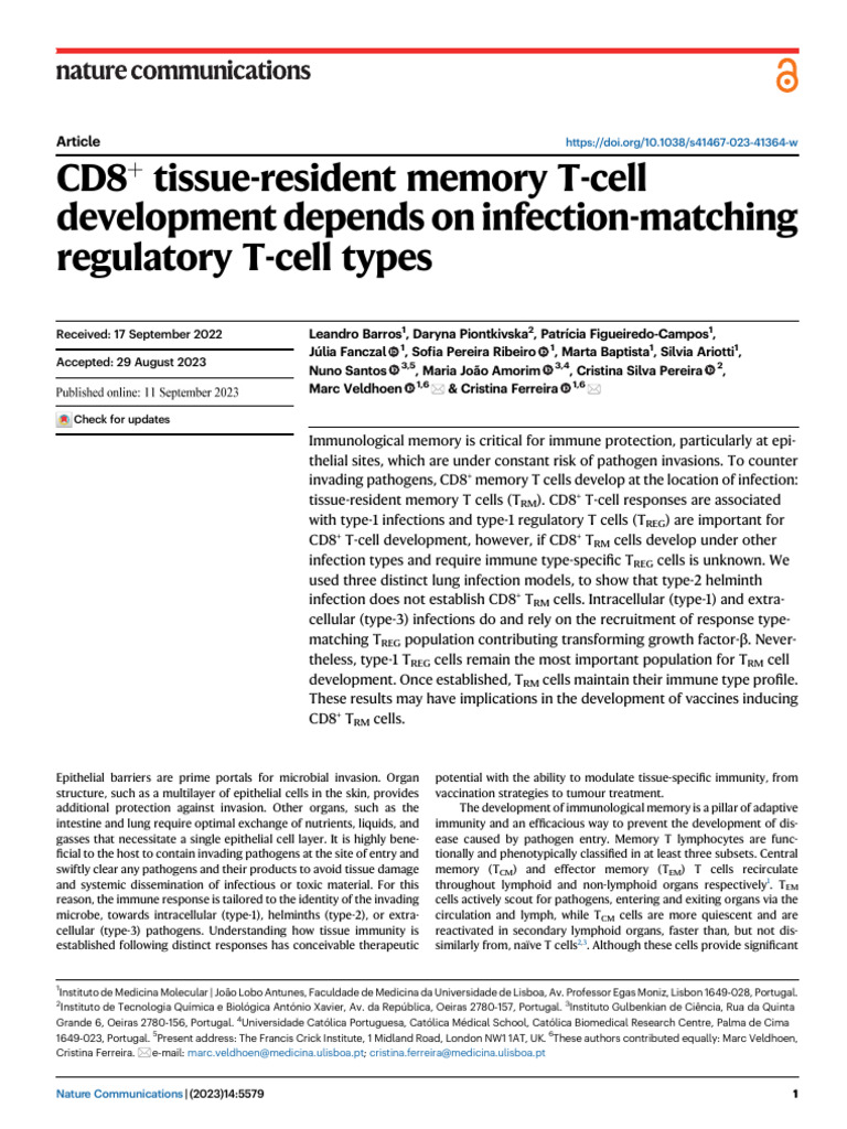 CD8+ Tissue-Resident Memory T-Cell Development Depends On Infection-Matching Regulatory T-Cell ...
