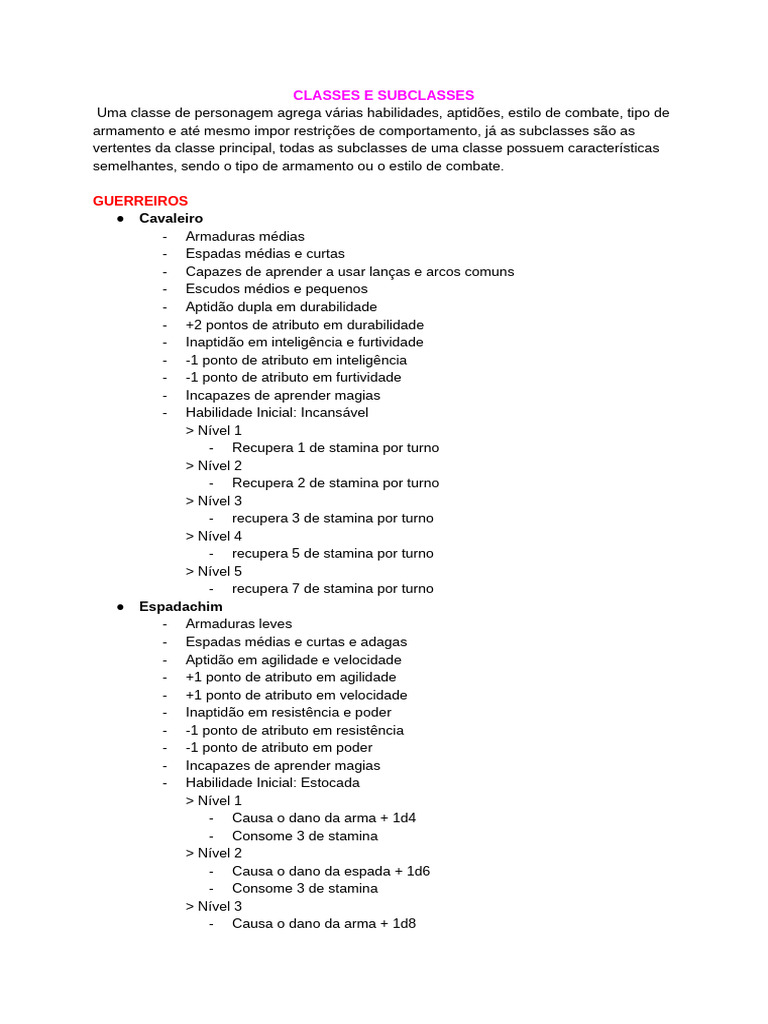 Cellestia RPG - Classes e Subclasses | PDF