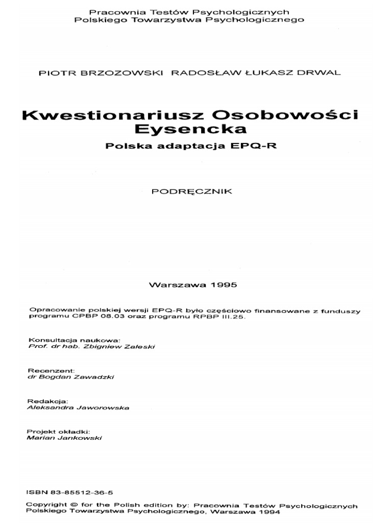 Brzozowski P., Drwal R. - Kwestionariusz Osobowości Eysencka. Polska ...