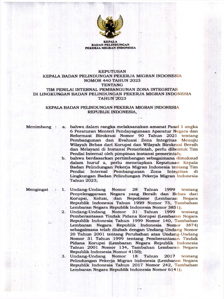 KEPKA Nomor 440 Tahun 2023 Tentang Tim Penilai Internal | PDF