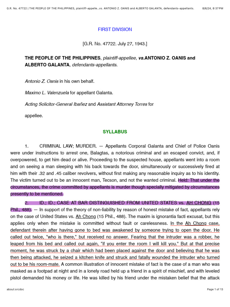 G.R. No. 47722 - People v. Oanis | PDF