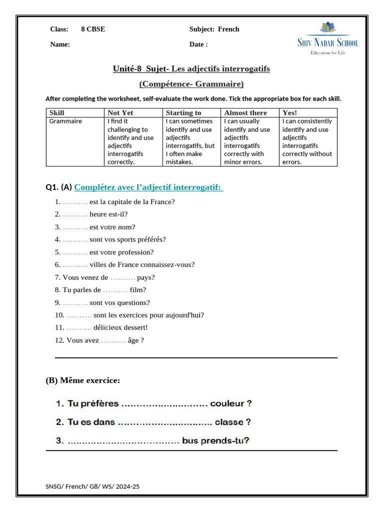 Unit-8 Les Adjectifs Interrogatifs WK | PDF