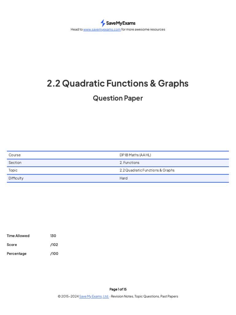 Quadratic Functions Hard | PDF