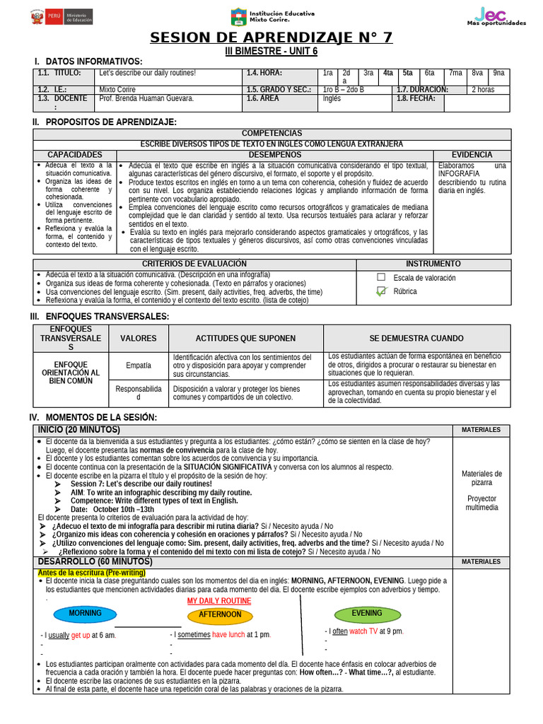 Sesion de Aprendizaje N°7 - 2023 - Ciclo Vi - Unit 6 | PDF