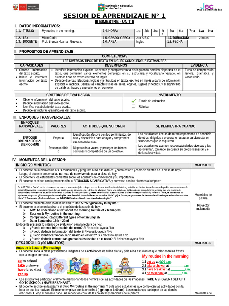 Sesion de Aprendizaje N°1 - 2023 - Ciclo Vi - Unit 6 | PDF