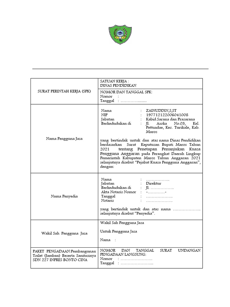 KONTRAK SPK 2021 SDN 227 INPRES BONTOCINA | PDF
