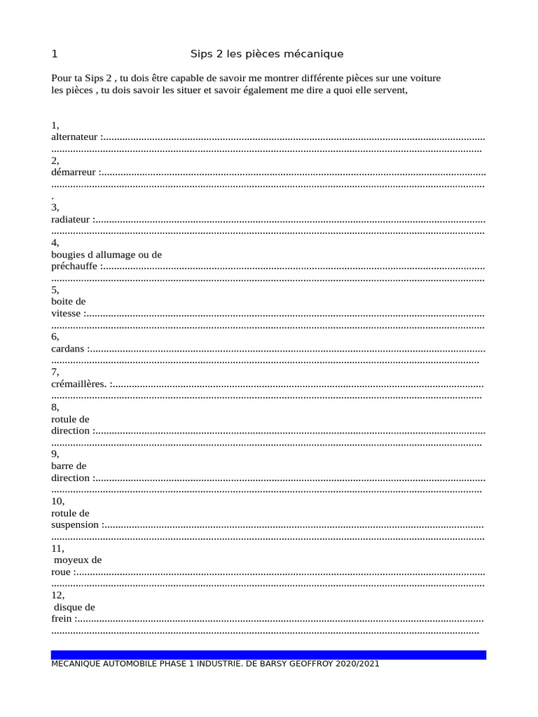 Sips2 Les Pieces Mecaniques Vocabulaire Definition | PDF