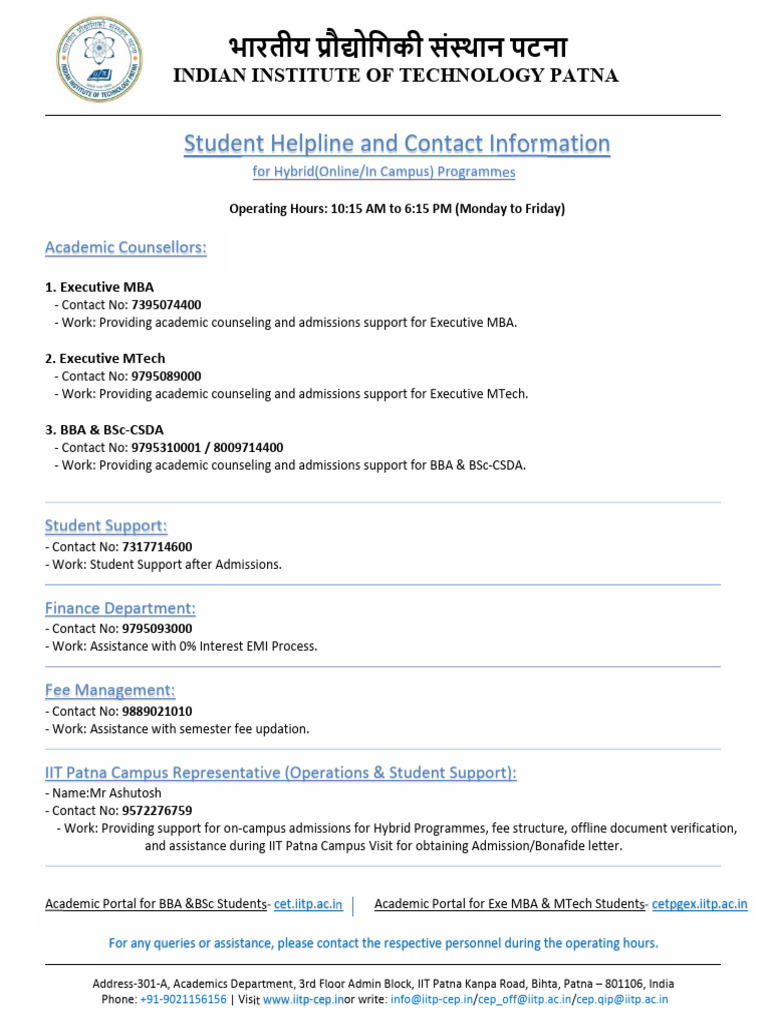 IIT Patna Student Helpline Contacts | PDF