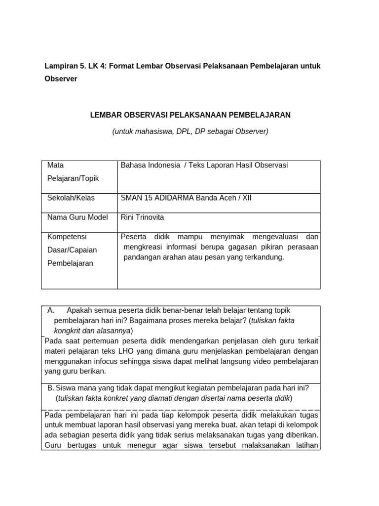 Lampiran 5. LK 4 Format Lembar Observasi Pelaksanaan Pembelajaran Untuk ...
