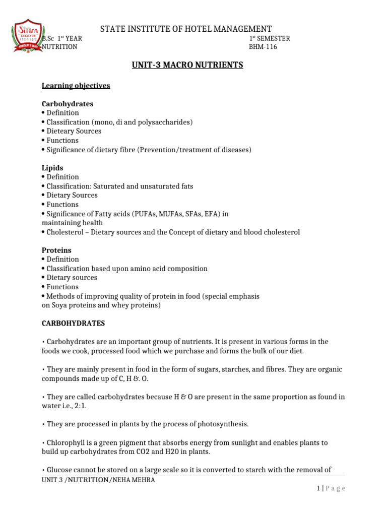 Unit-3 Macro Nutrients (Carbohydrates) | PDF