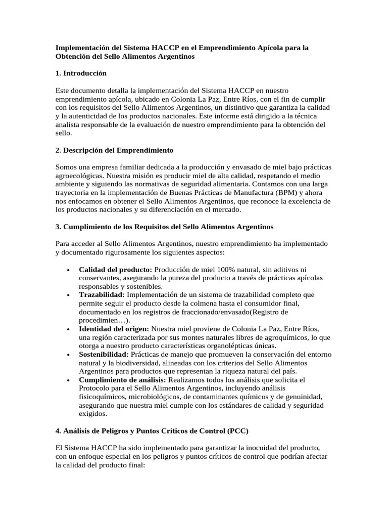 Implementación Del Sistema HACCP en El Emprendimiento Apícola para La Obtención Del Sello ...